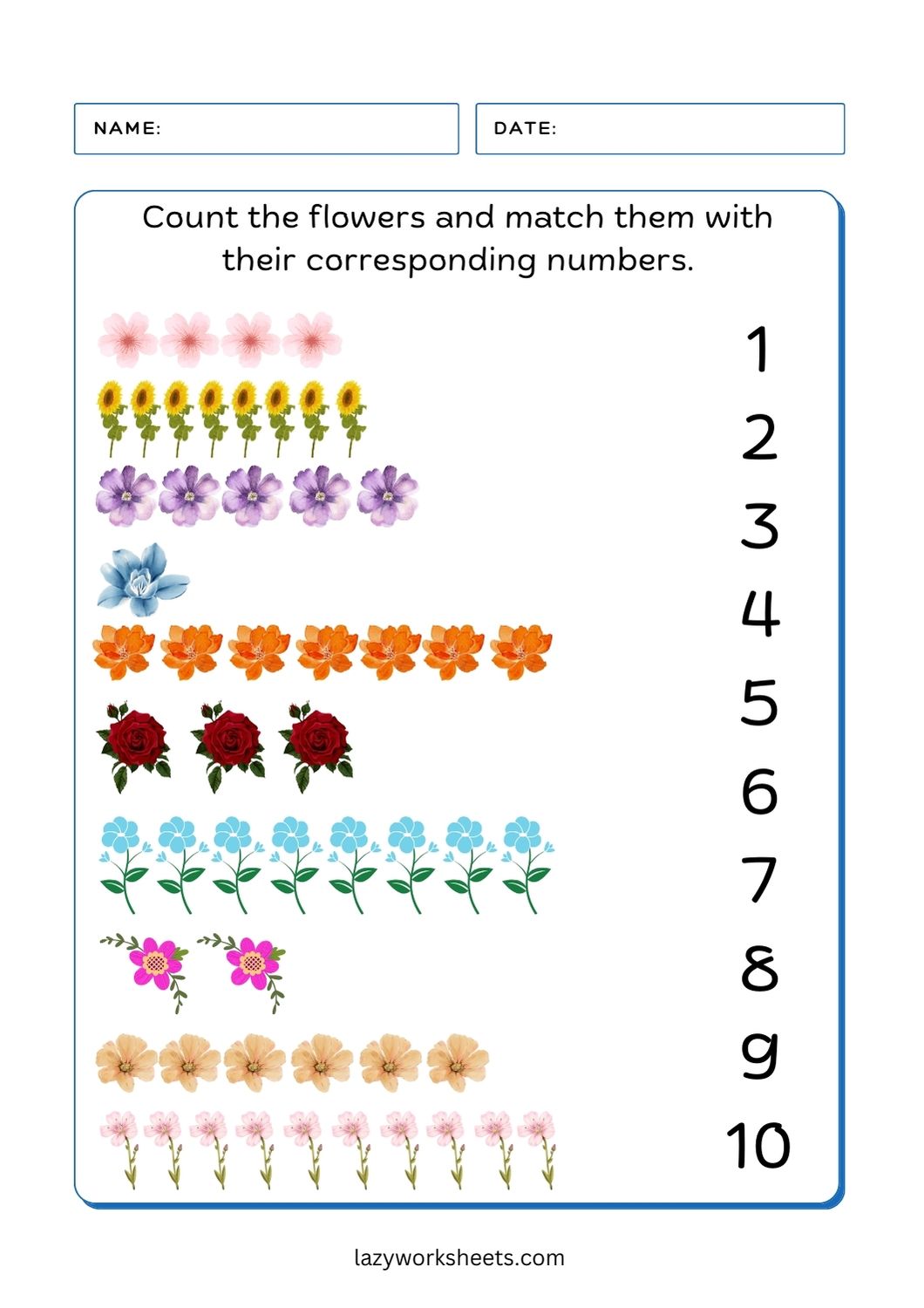 Count the Flowers 1-10 Number Worksheets | Lazy Worksheets