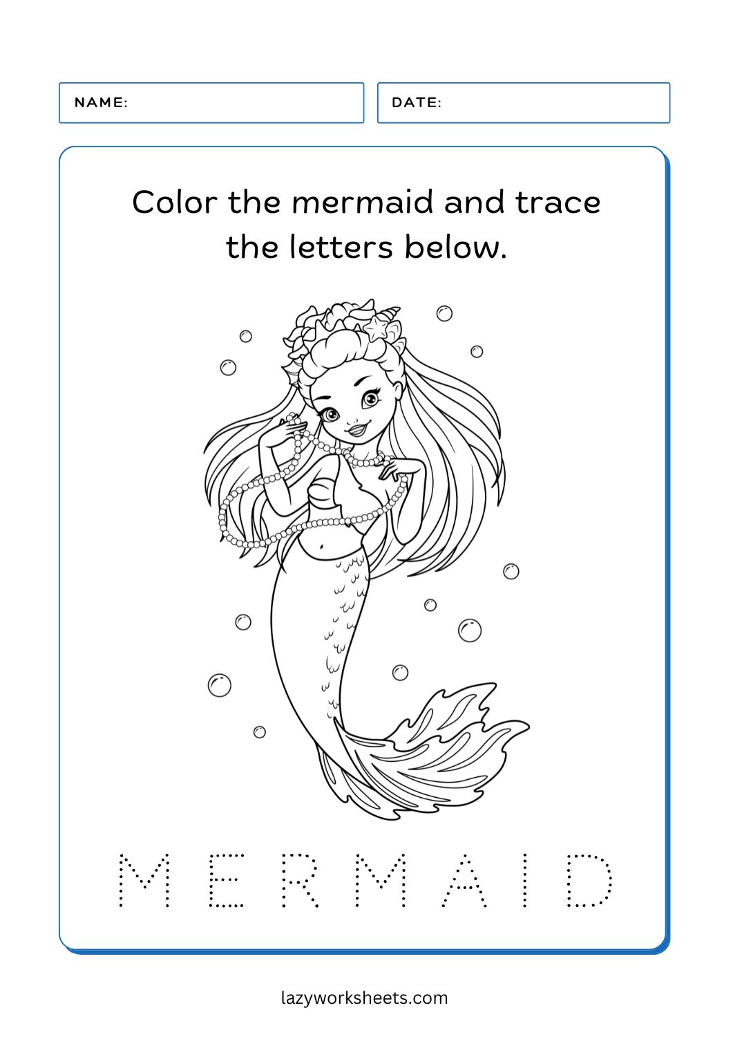 Color the Mermaid Worksheets | Lazy Worksheets