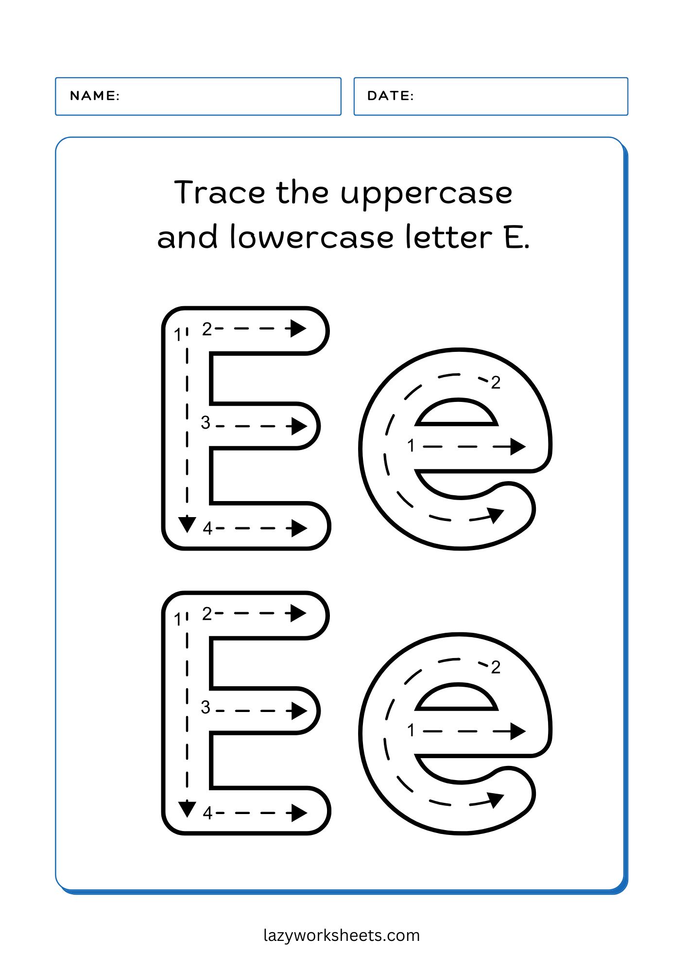 Trace the Letter E | Alphabet Tracing | Lazy Worksheets