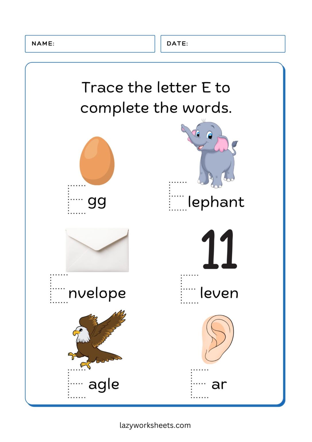 Trace the Letter E | Alphabet Tracing | Lazy Worksheets