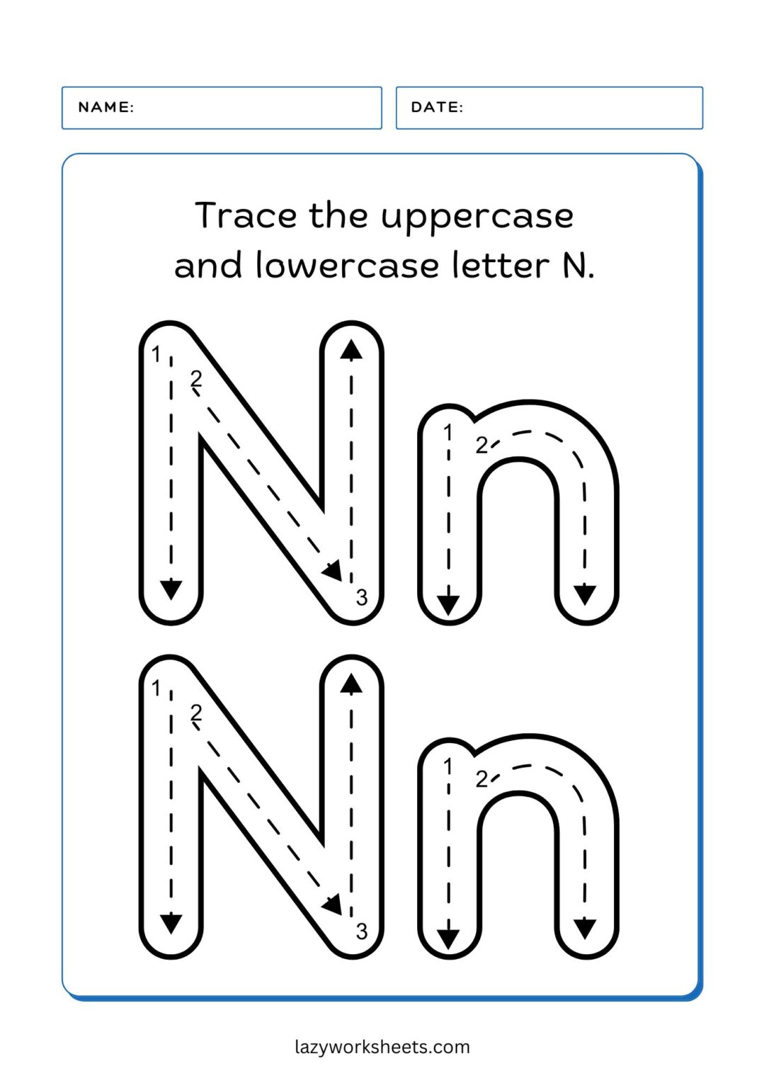 Trace the Letter N | Free PDF Tracing Sheets | Lazy Worksheets