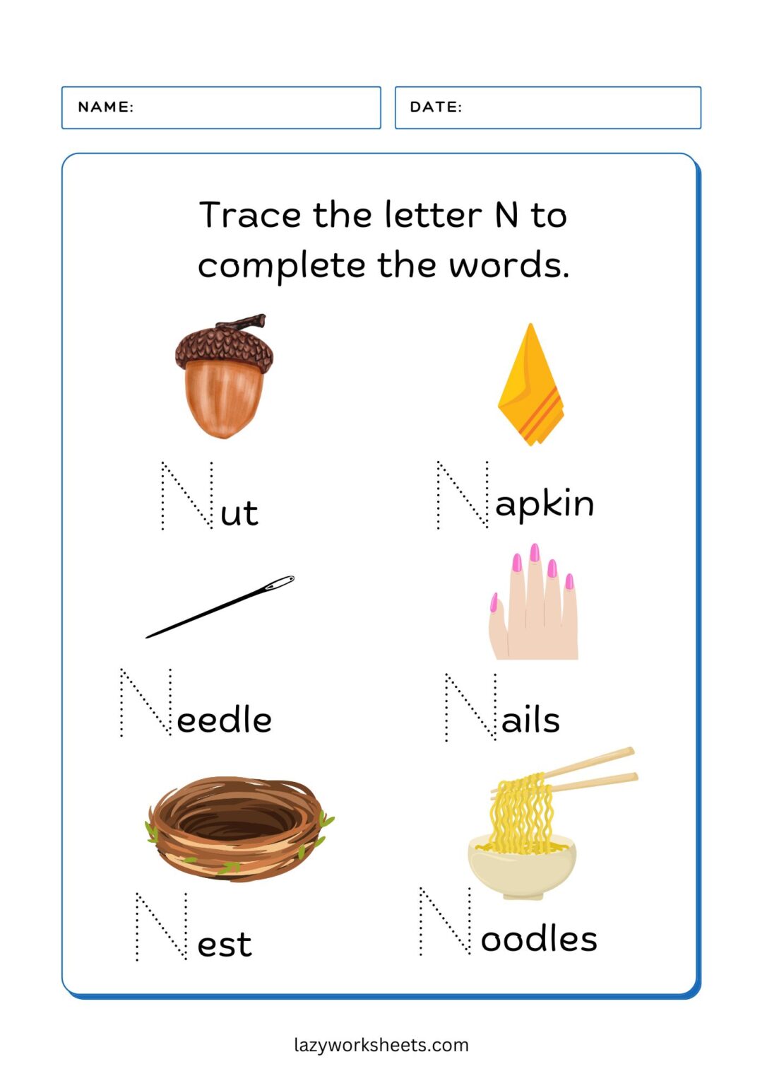 Trace the Letter N | Free PDF Tracing Sheets | Lazy Worksheets
