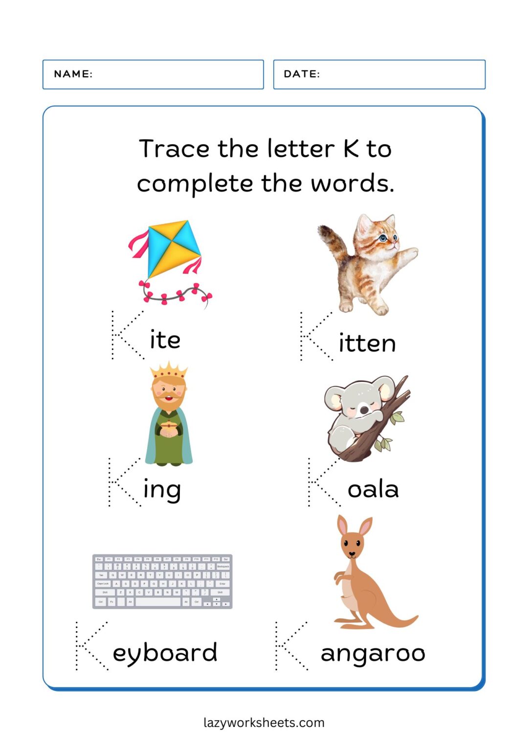 Trace the Letter K | Alphabet Tracing | Lazy Worksheets