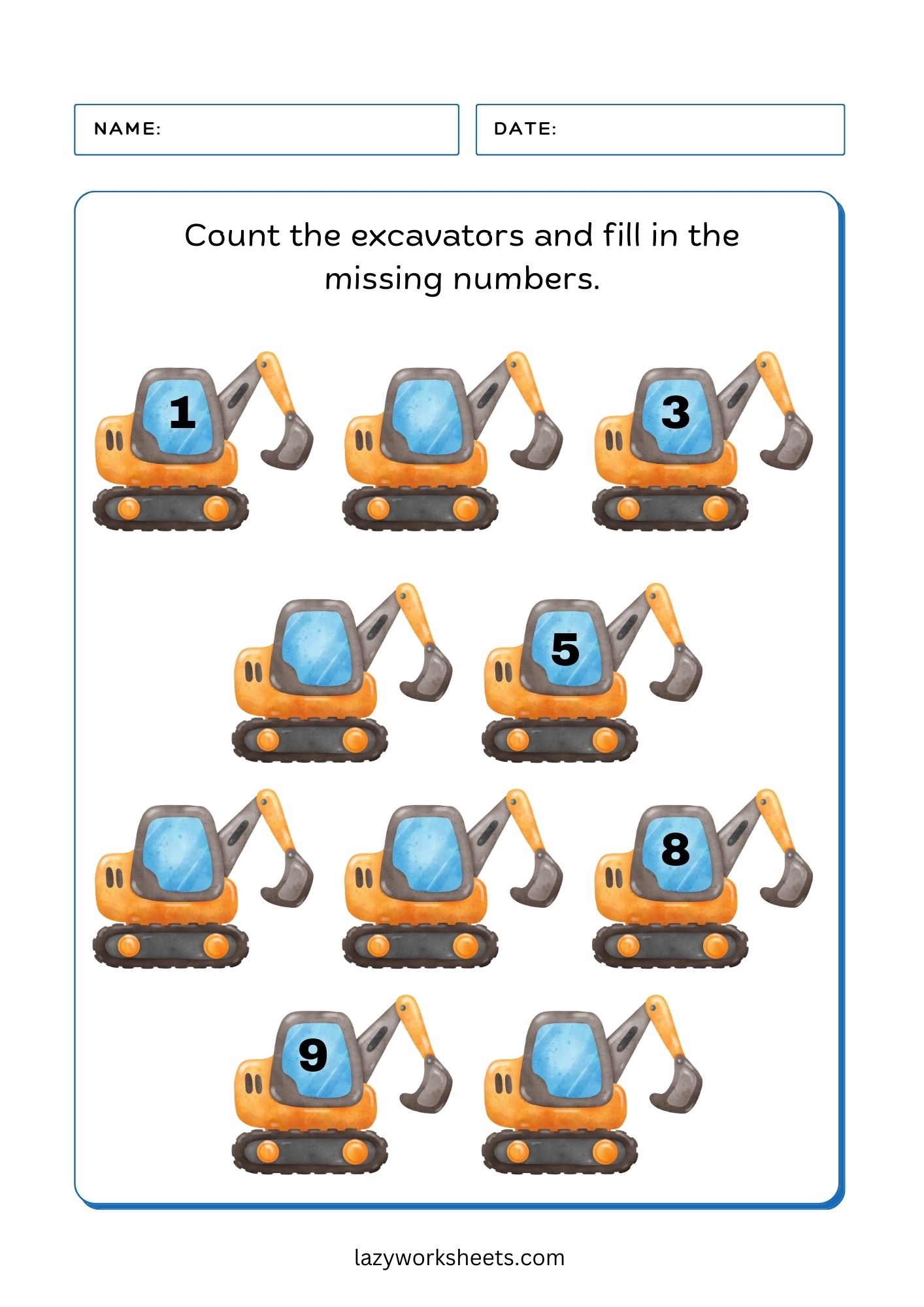 Count the Excavators 1-10 Number Worksheets | Lazy Worksheets