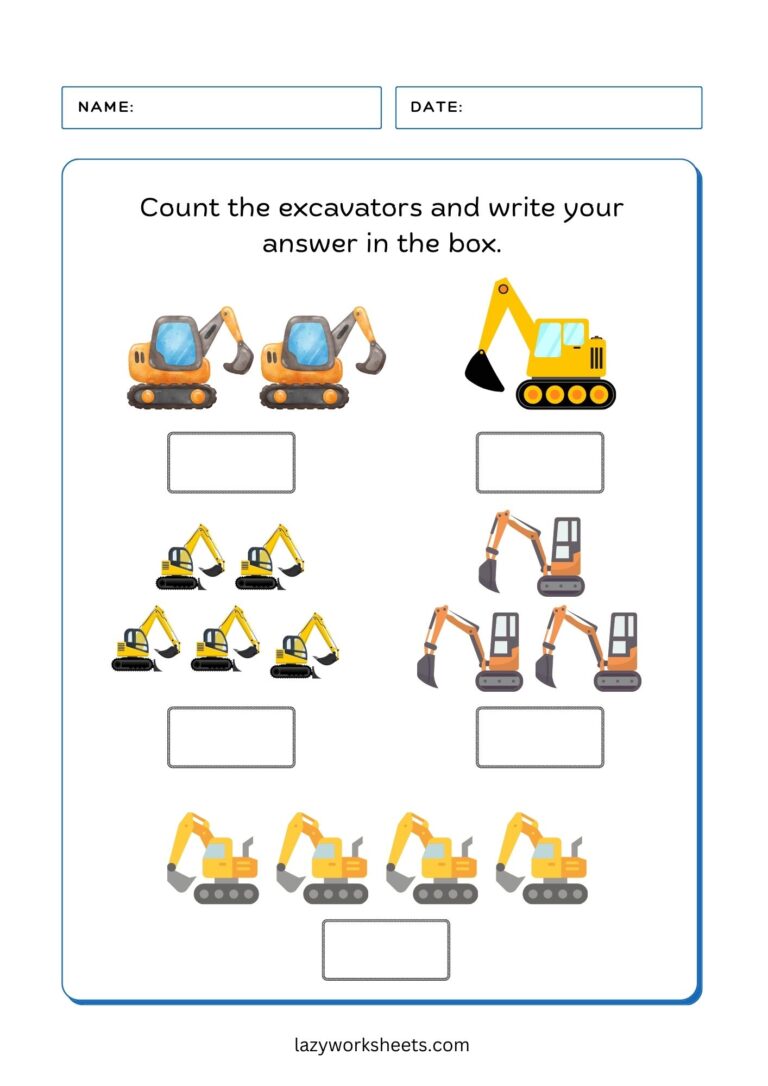 Count the Excavators 1-10 Number Worksheets | Lazy Worksheets