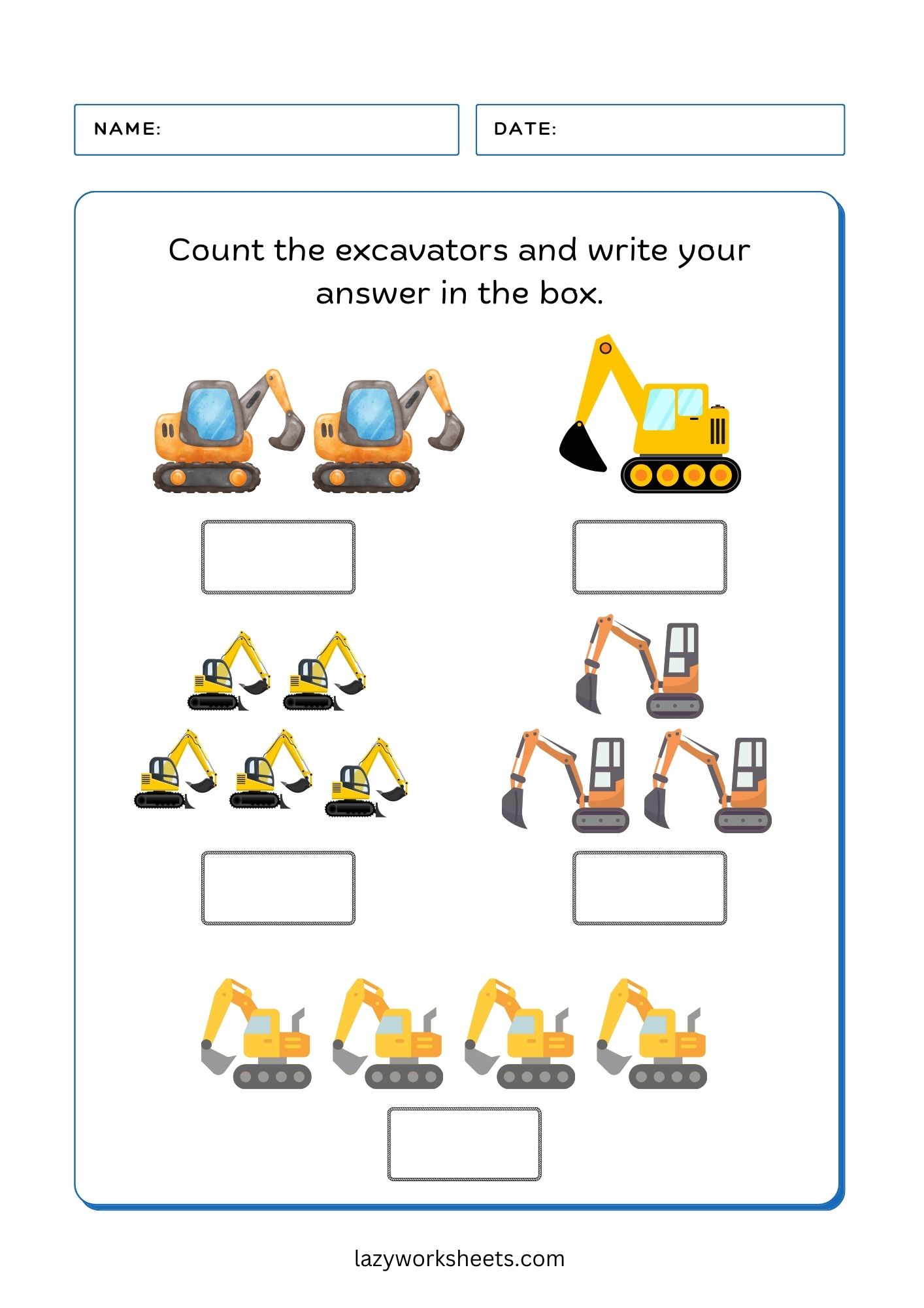 Count the Excavators 1-10 Number Worksheets | Lazy Worksheets