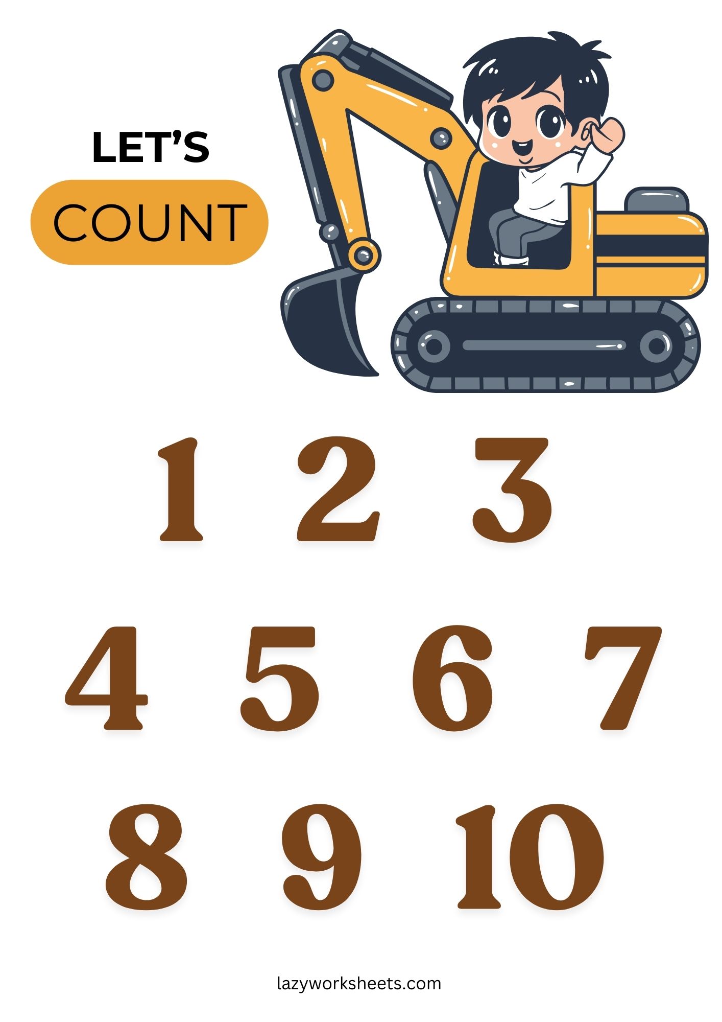Count the Excavators 1-10 Number Worksheets | Lazy Worksheets