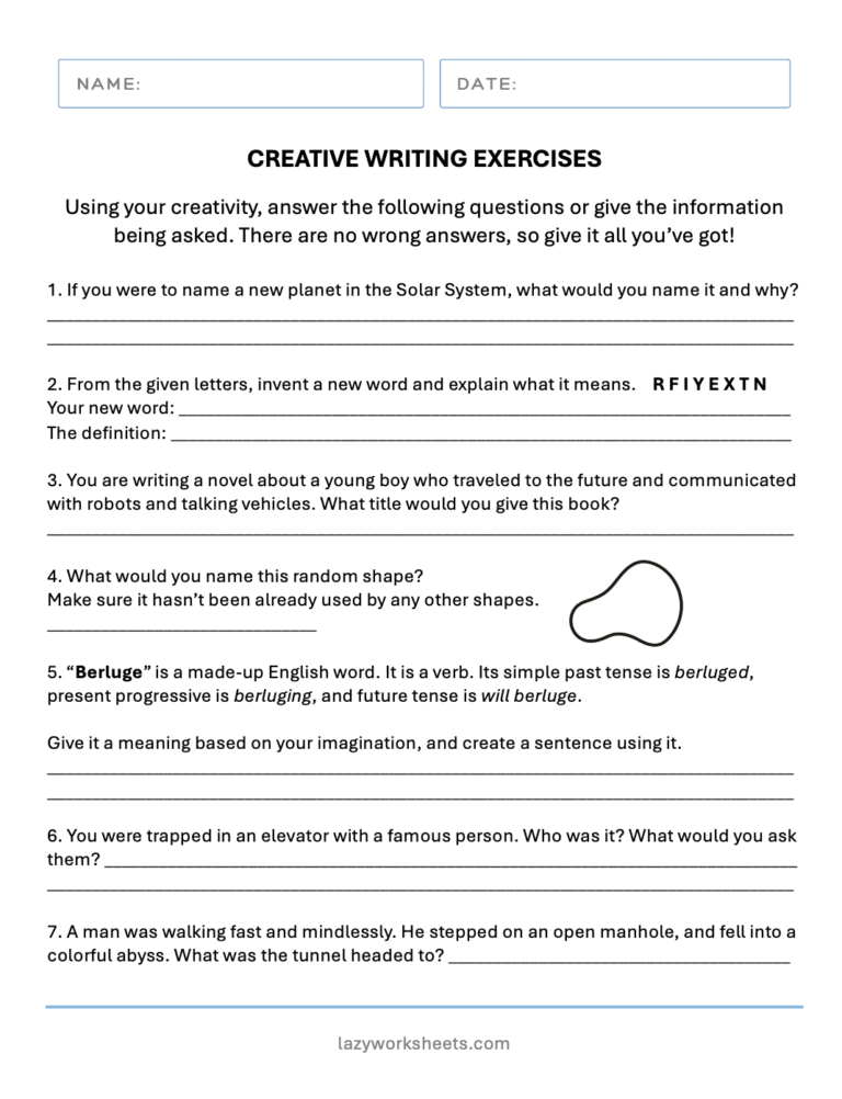 Creative Writing Worksheets for High School | Lazy Worksheets