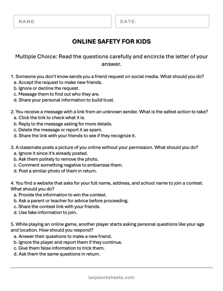 Online Safety Worksheets for Grade School | Lazy Worksheets