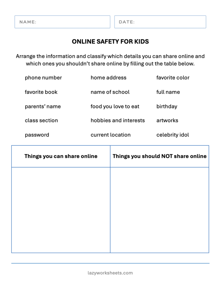Online Safety Worksheets for Grade School | Lazy Worksheets