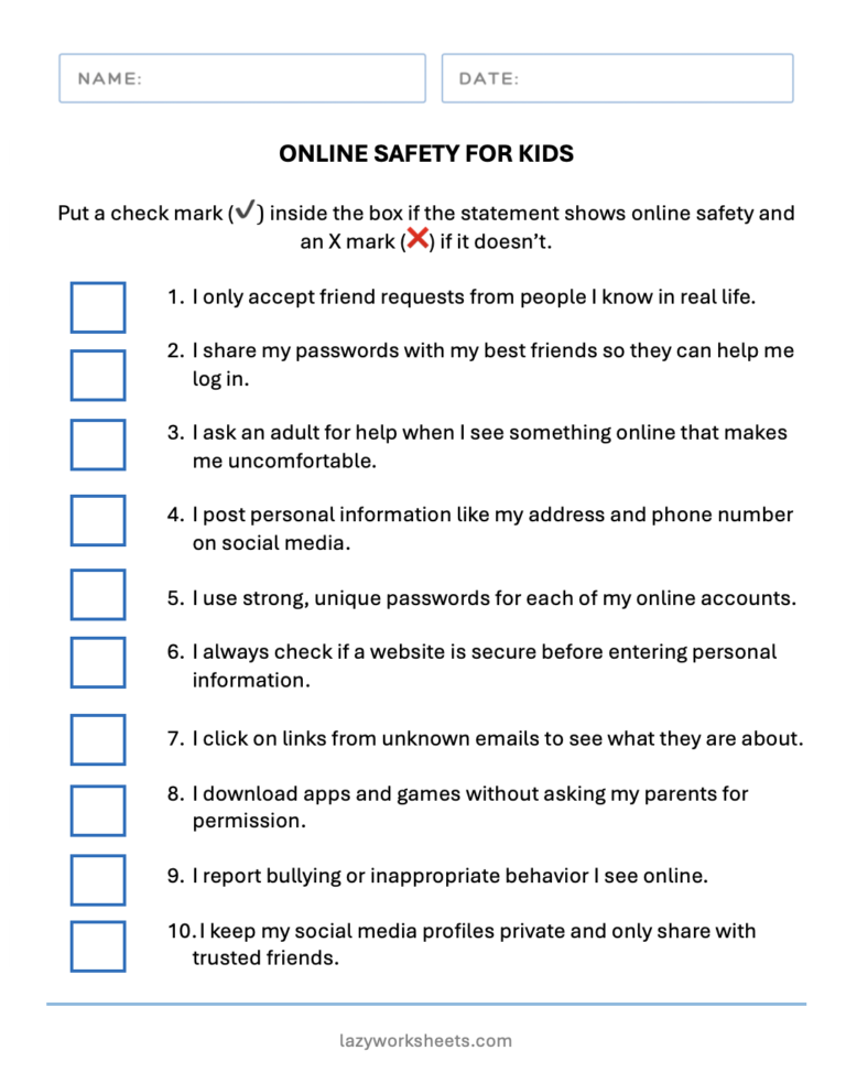 Online Safety Worksheets for Grade School | Lazy Worksheets