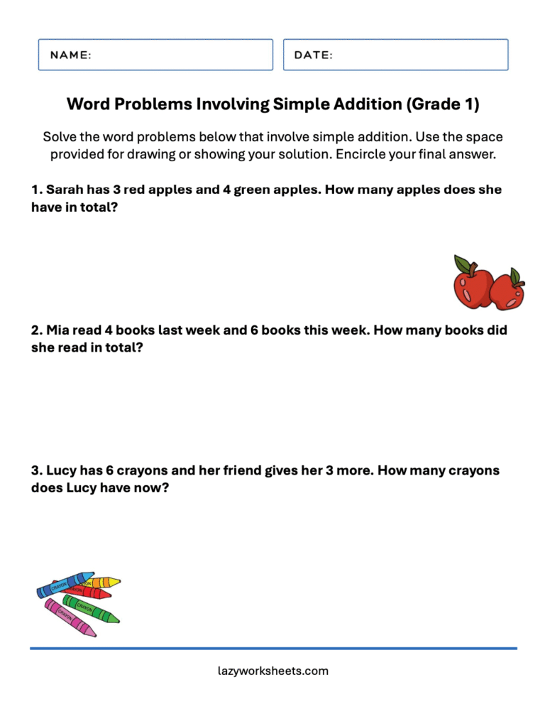 Word Problems on Addition for Grade 1 | Free PDF Worksheets | Lazy ...
