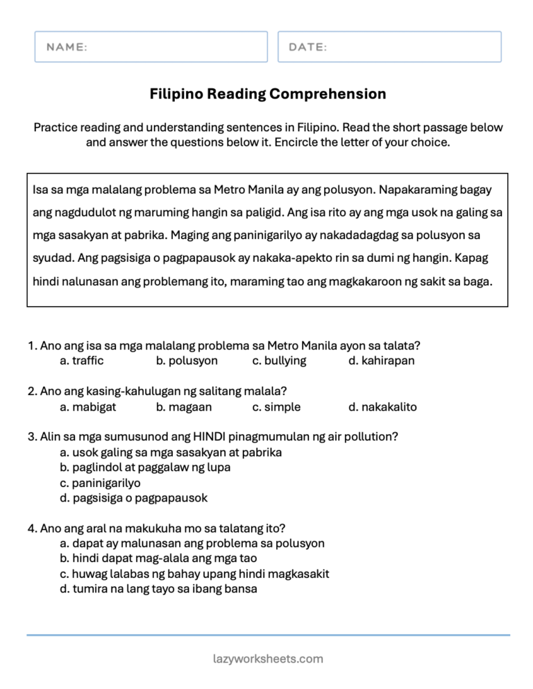 Filipino Reading Comprehension Worksheets for Grade 5 | Lazy Worksheet
