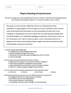 Filipino Reading Comprehension Worksheets for Grade 5 | Lazy Worksheet