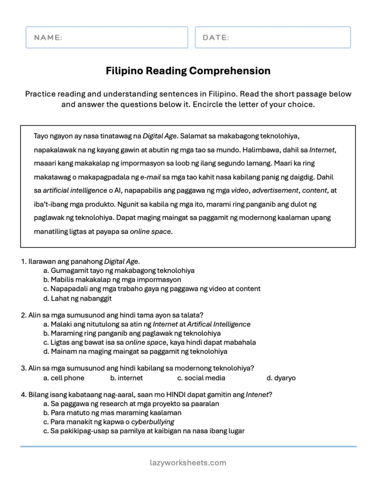 Filipino Reading Comprehension Worksheets for Grade 5 | Lazy Worksheet