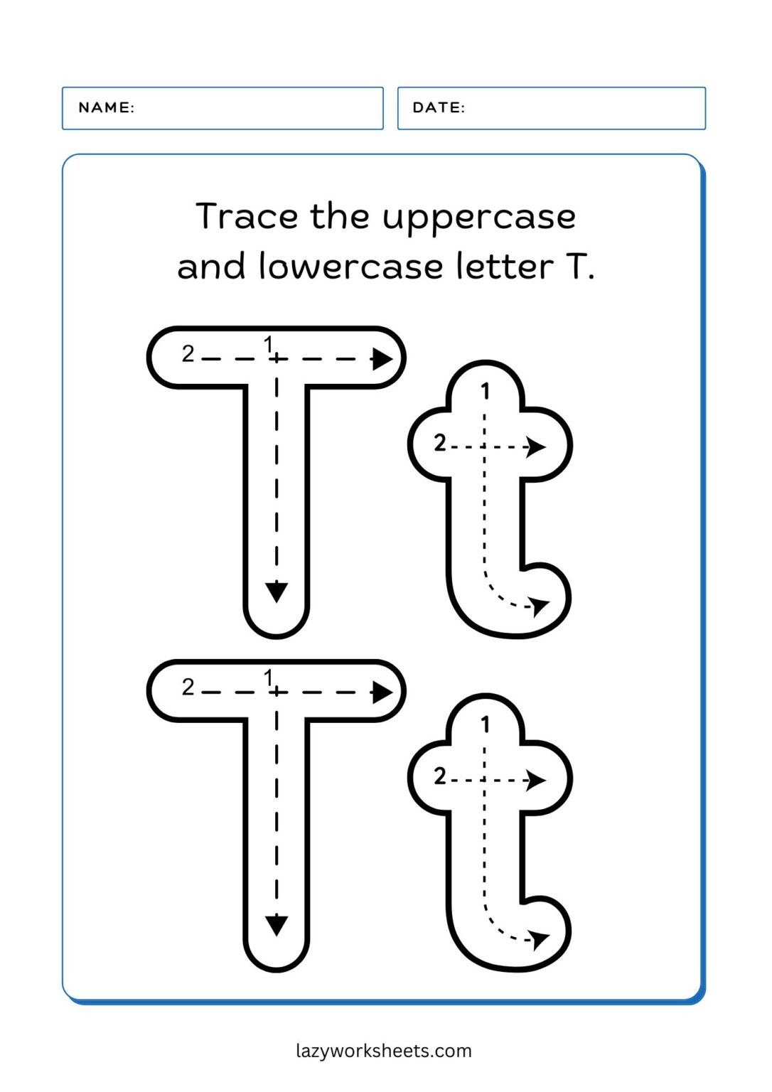 Trace the Letter T | Free PDF Tracing Sheets | Lazy Worksheets