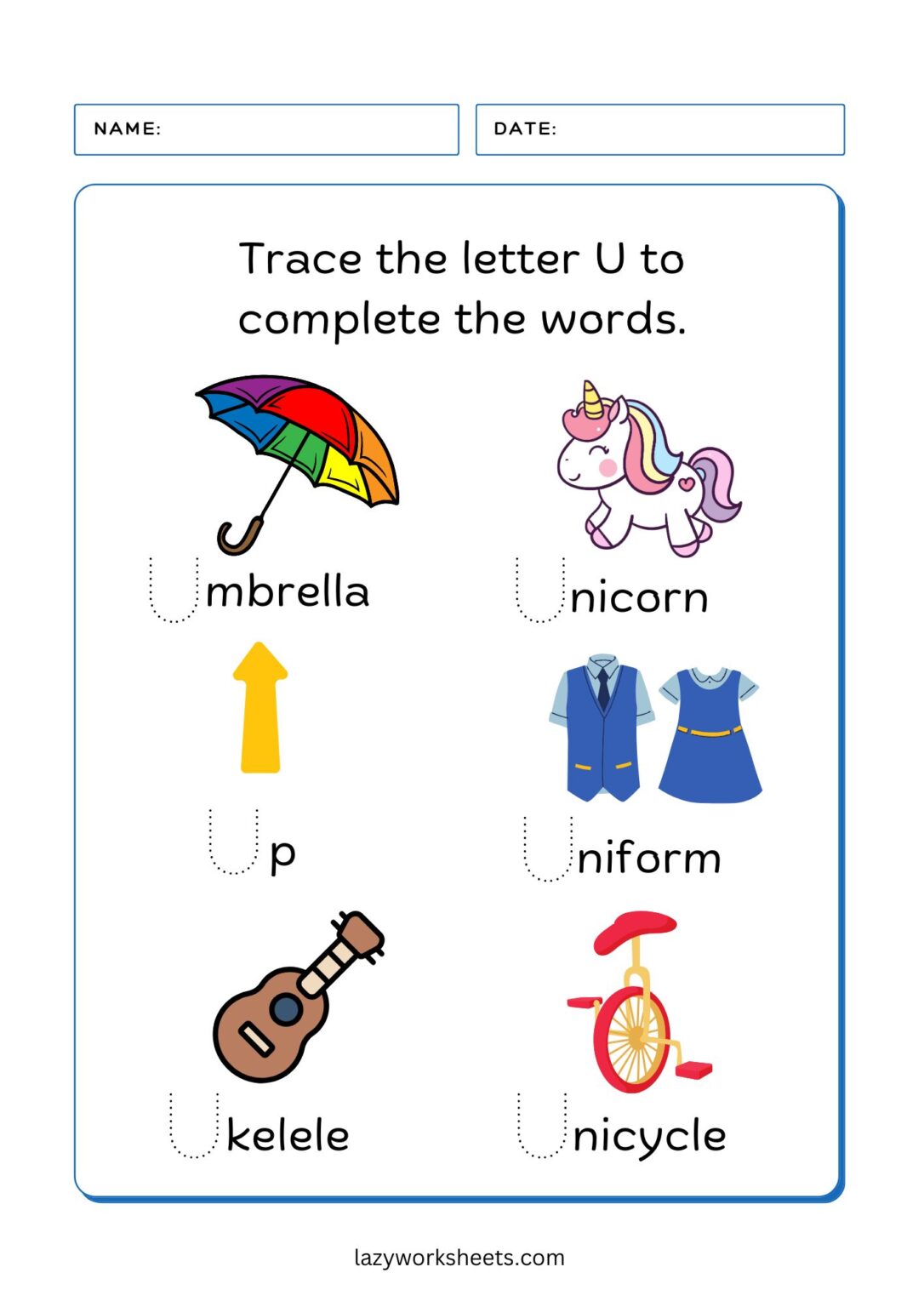 Trace the Letter U | Free PDF Tracing Sheets | Lazy Worksheets