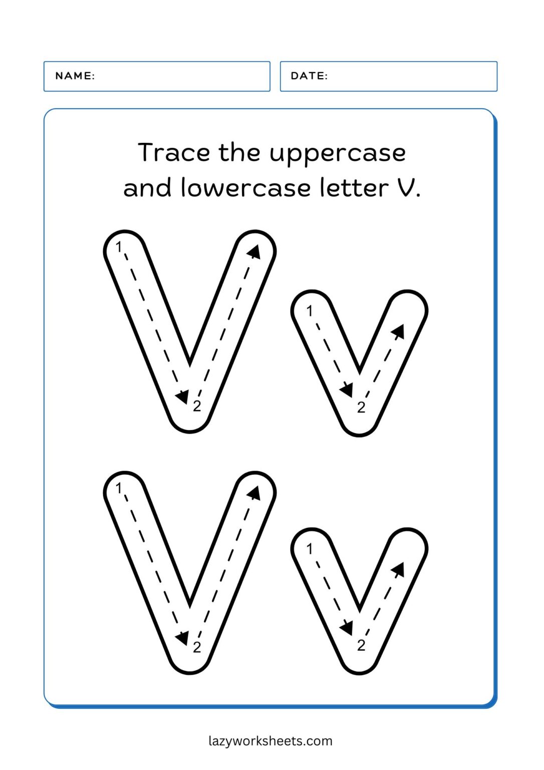 Trace the Letter V | Free PDF Tracing Sheets | Lazy Worksheets