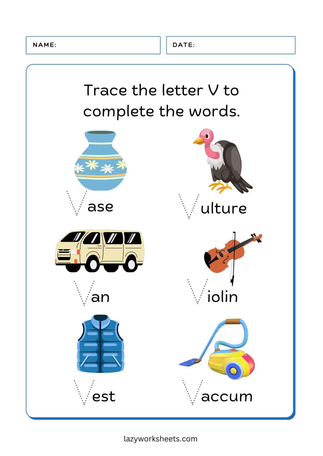 Trace the Letter V | Free PDF Tracing Sheets | Lazy Worksheets