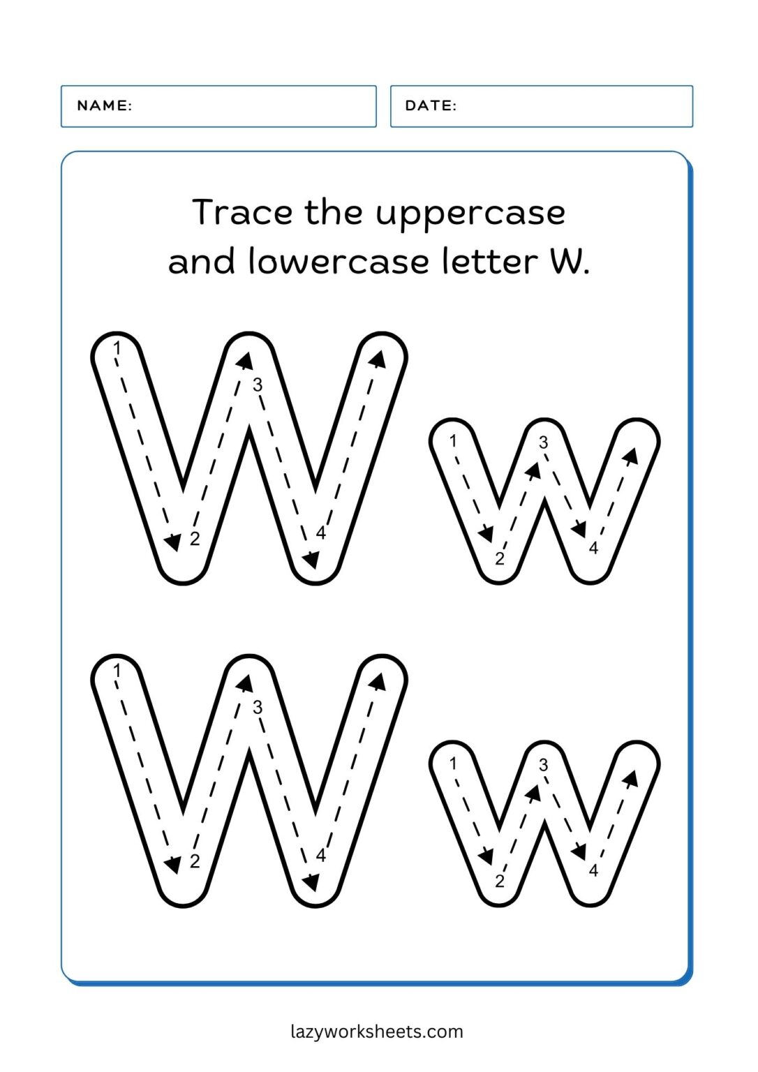 Trace the Letter W | Free PDF Tracing Sheets | Lazy Worksheets