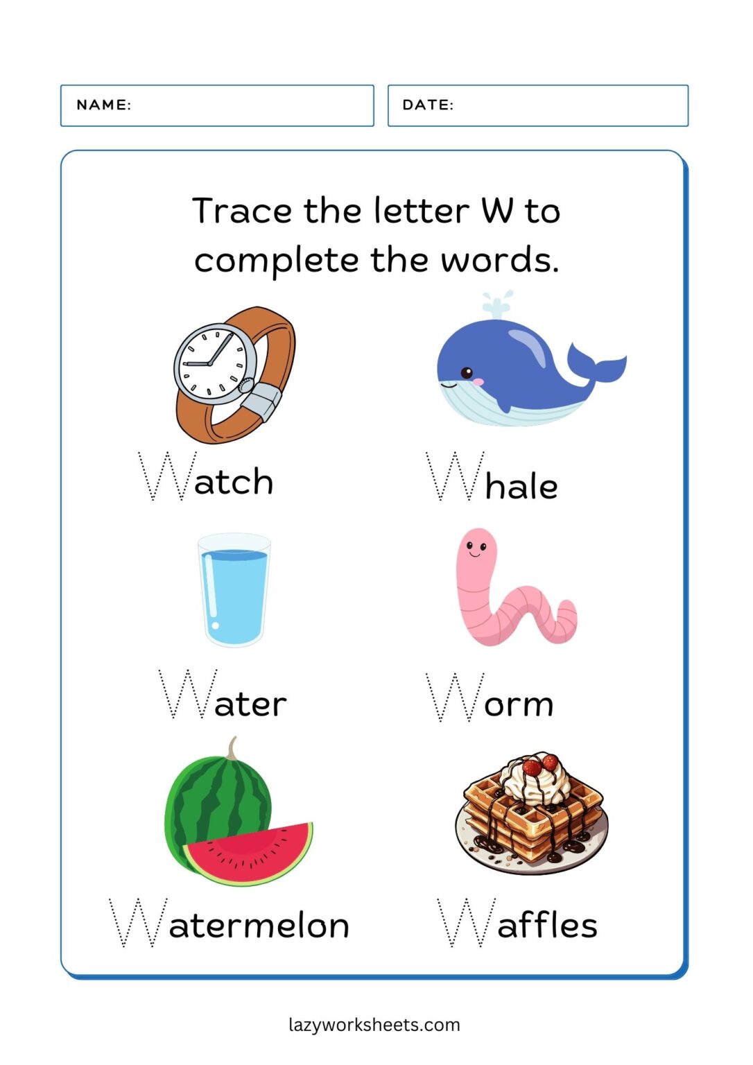 Trace the Letter W | Free PDF Tracing Sheets | Lazy Worksheets