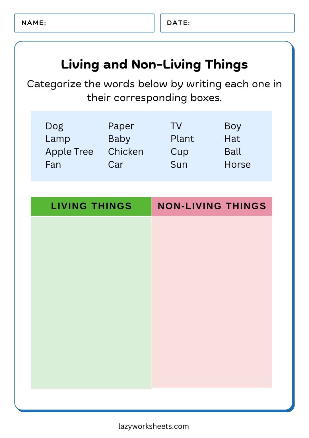 Living and Non-Living Things Worksheets | Lazy Worksheets