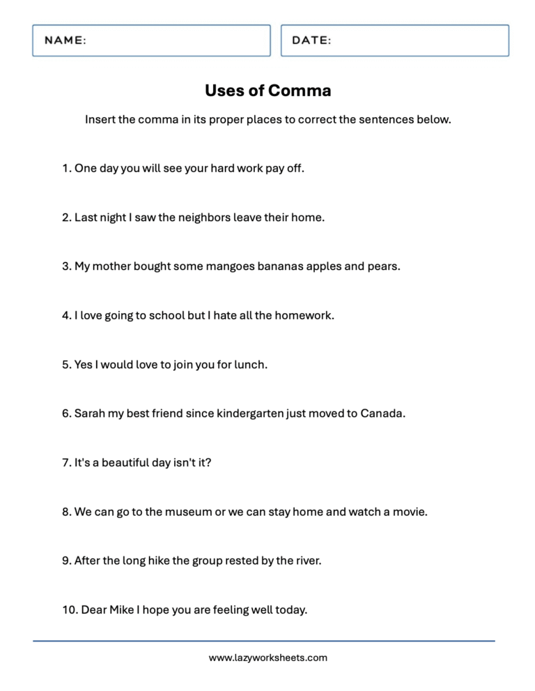 Uses of Comma Worksheets | Free PDF Sheets | Lazy Worksheets