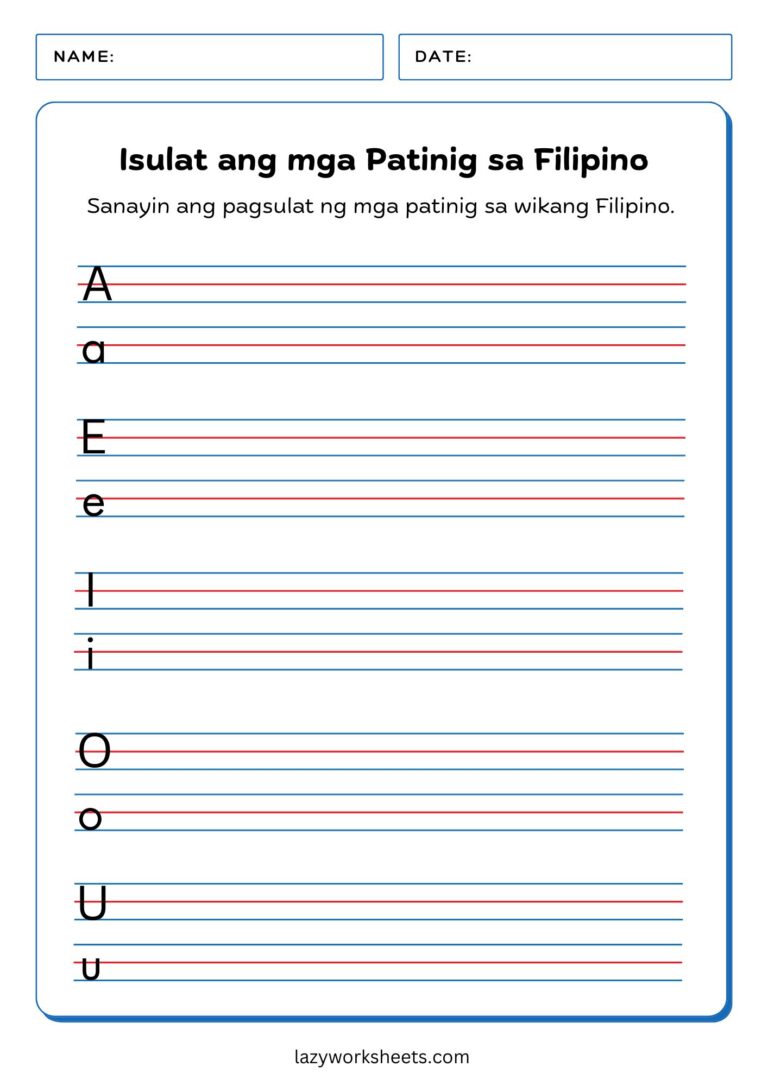 Patinig Worksheets | Learn Filipino PDF Sheets | Lazy Worksheets