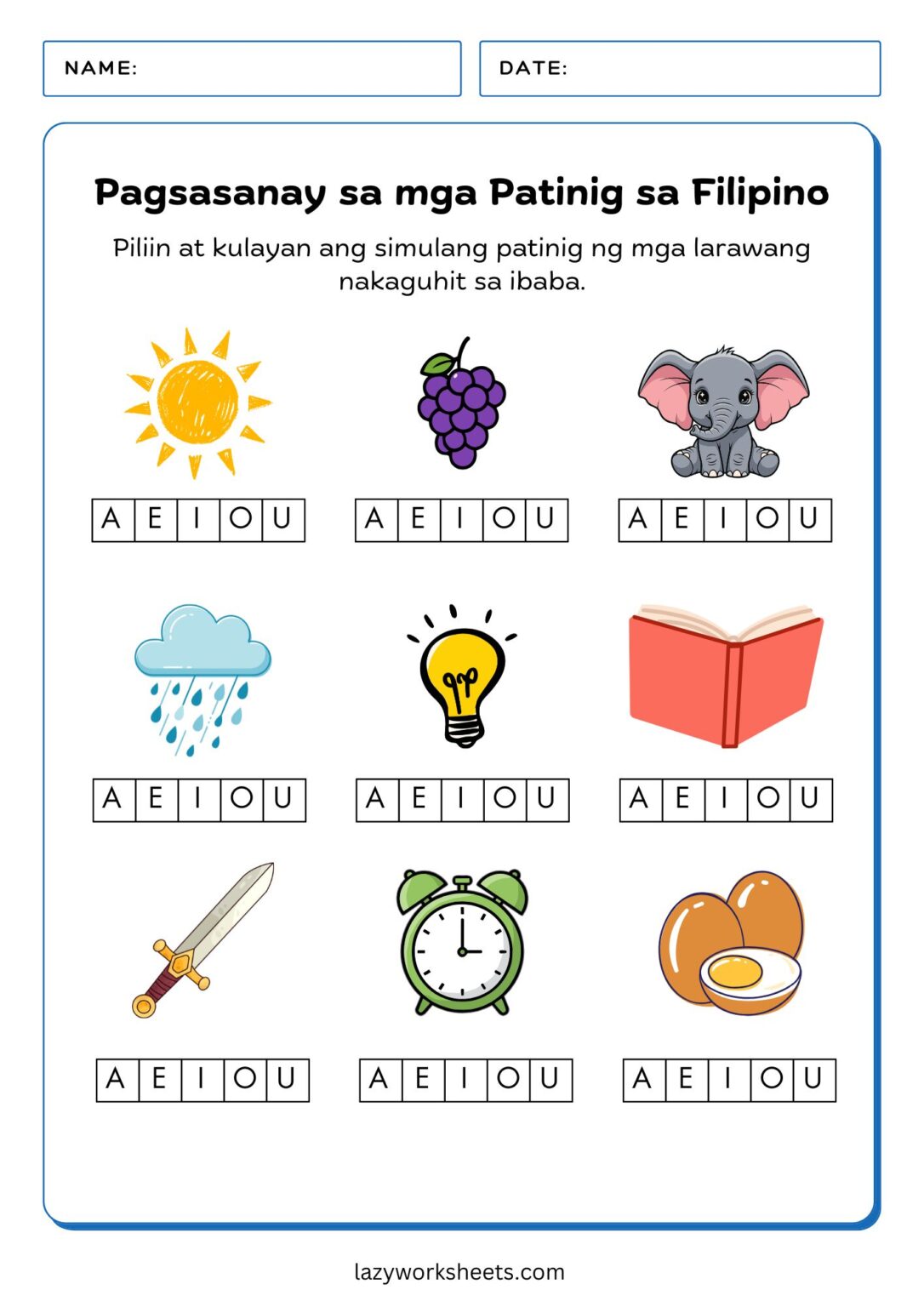 Patinig Worksheets | Learn Filipino PDF Sheets | Lazy Worksheets